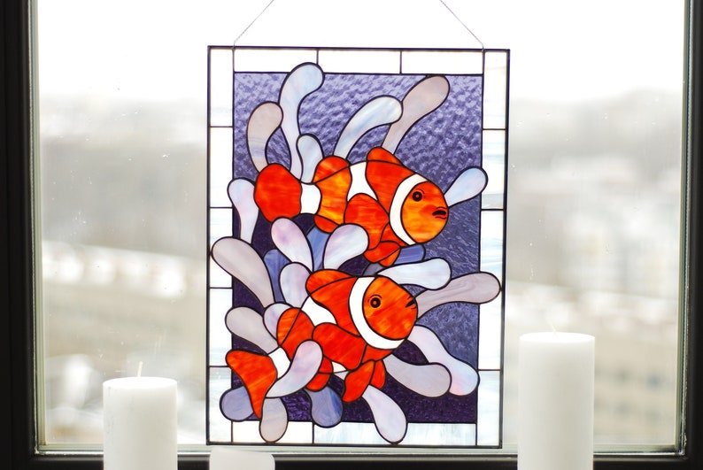 Clown Fish Stained Glass Window Panel Stained Glass Window - Etsy