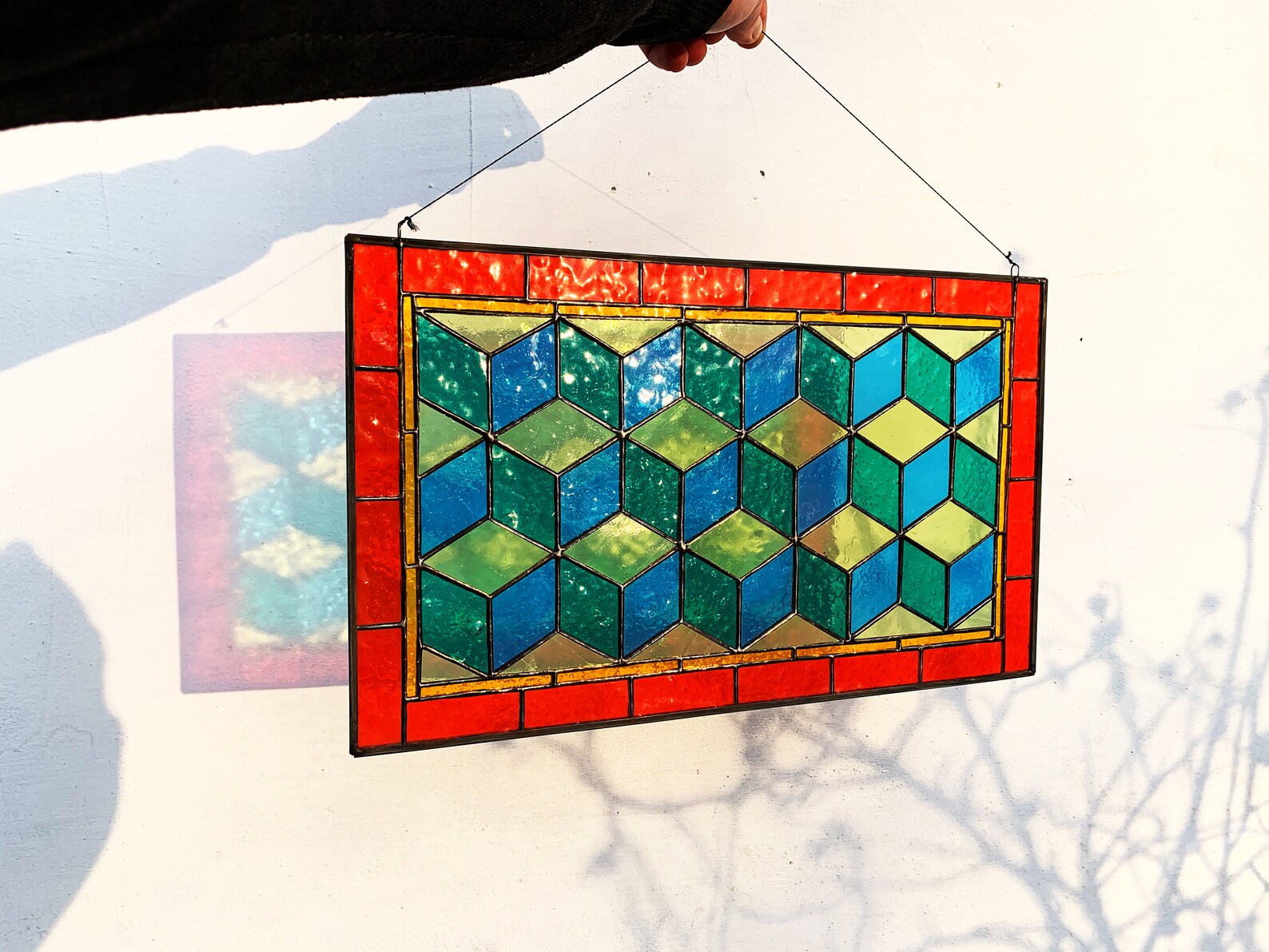 Geometric Stained Glass Panel: 3D Cube Window Hangings (10x17 Inches ...
