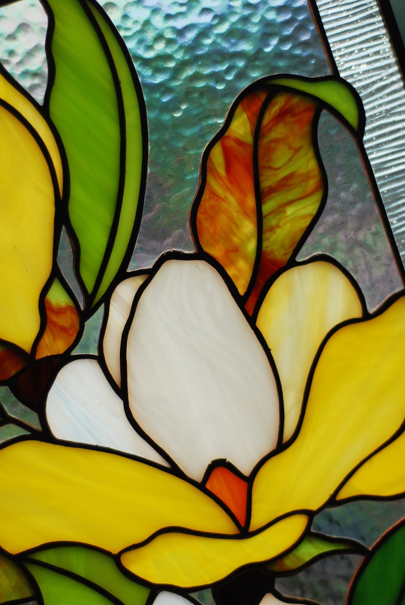 Stained Glass Window Panel Yellow Magnolia 16 X 11 In. Floral Window ...