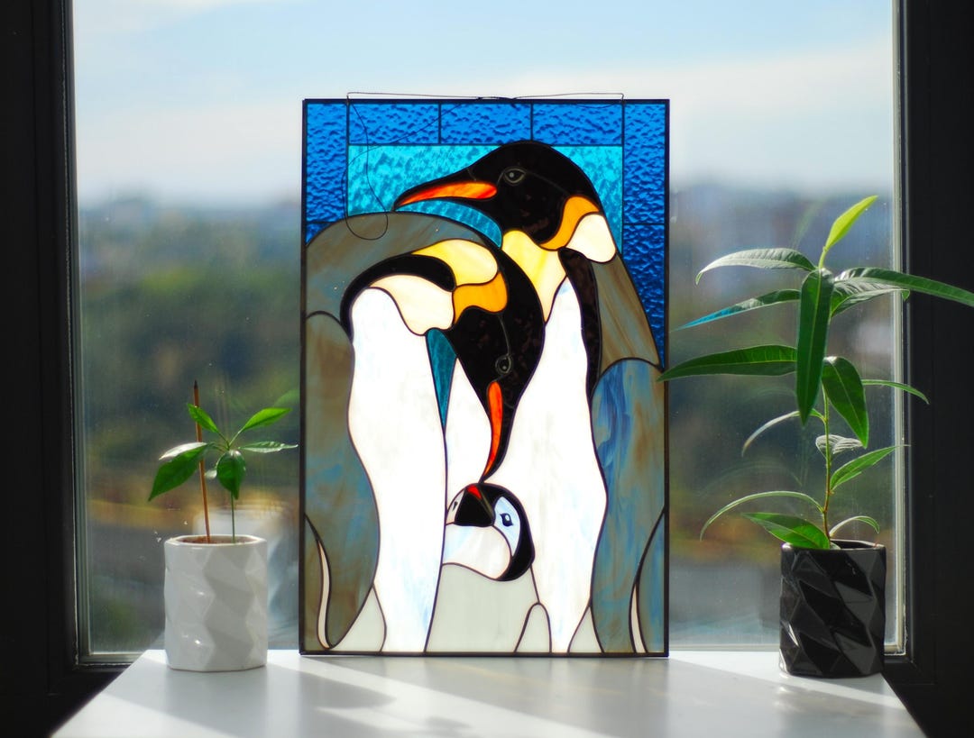 Stained Glass King Penguin Stained Glass Panel Stain Glass Suncatchers ...