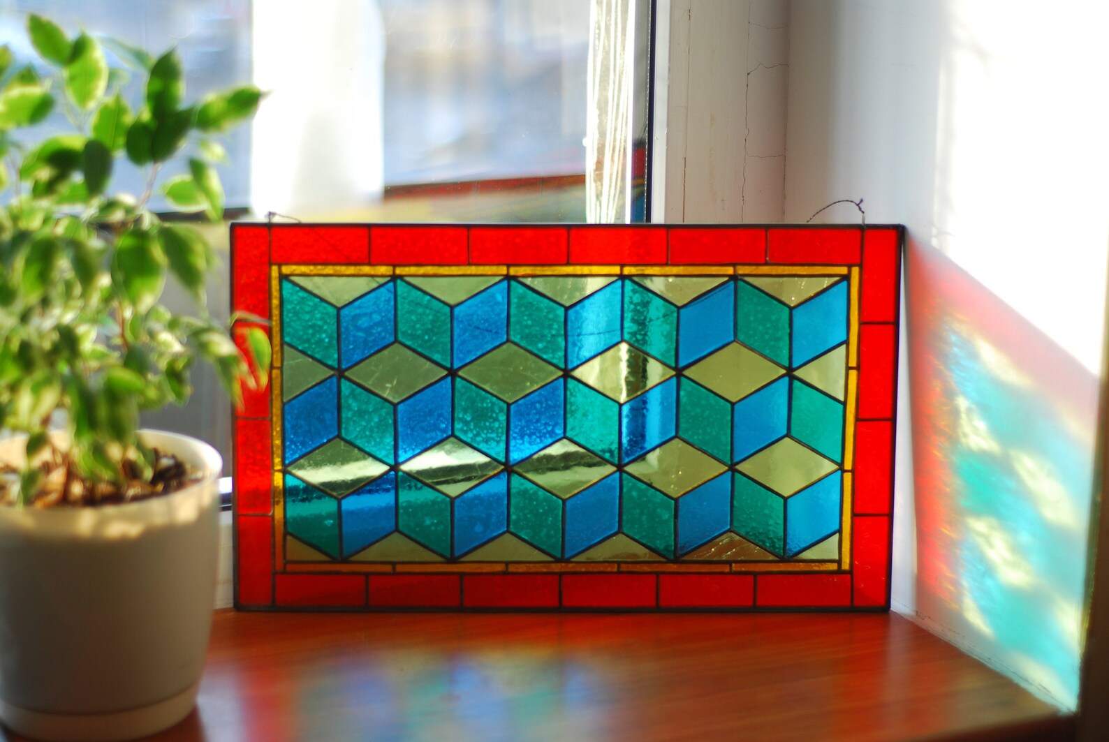 Geometric Stained Glass Panel: 3D Cube Window Hangings (10x17 Inches ...