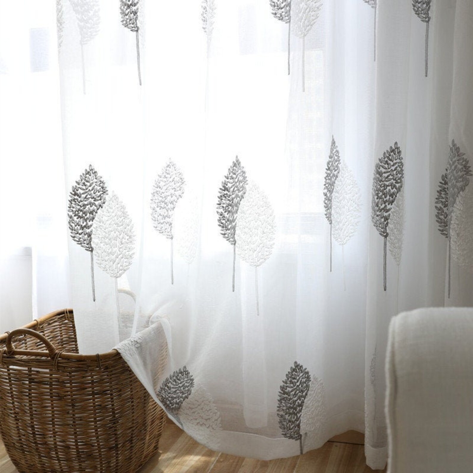 Custom Curtain A Pair of White Sheer Two-tone Leaf Pattern - Etsy