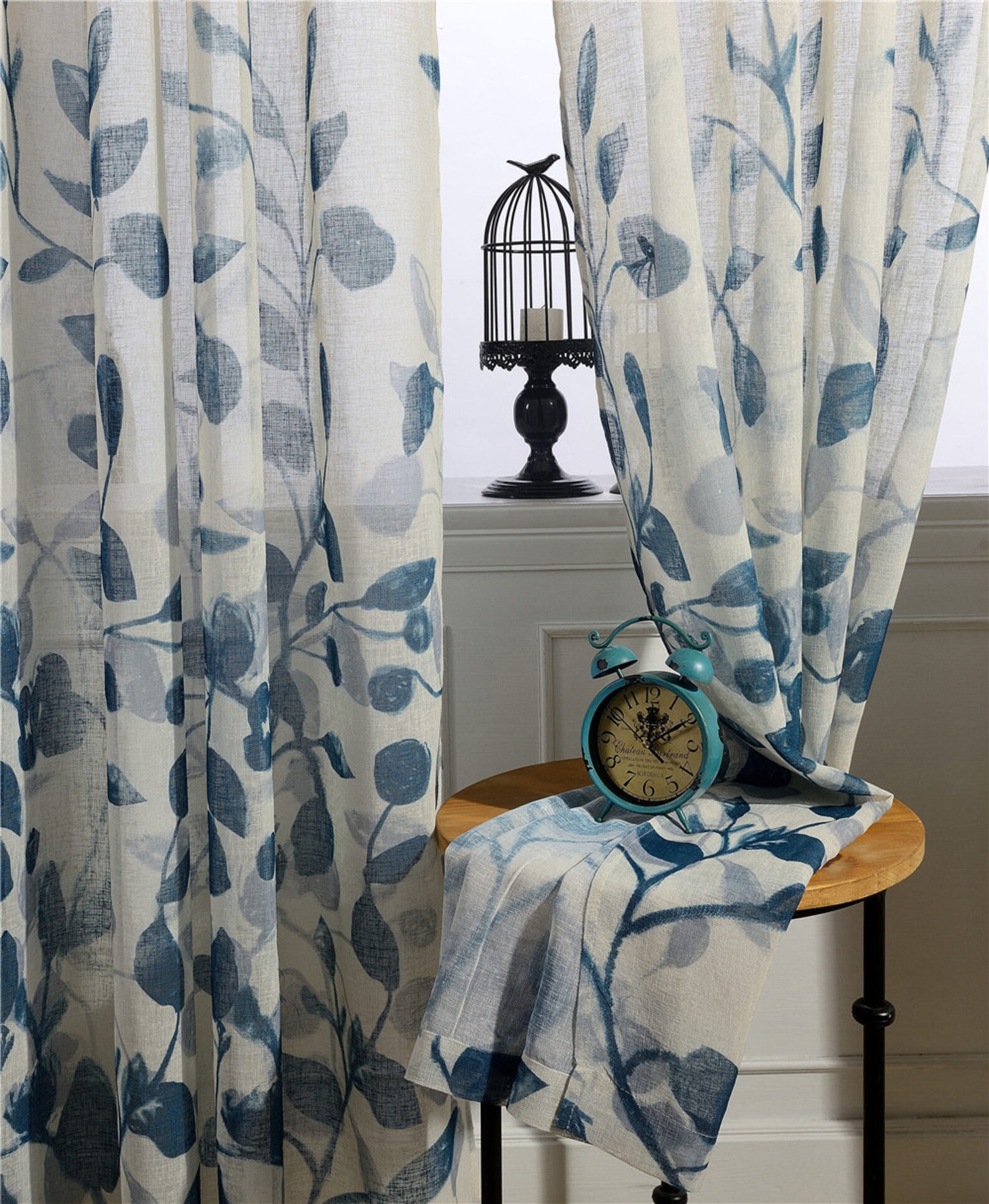 Custom Curtains Sheer Voile Pair Panel Blue Leaf Print Tulle - Etsy UK