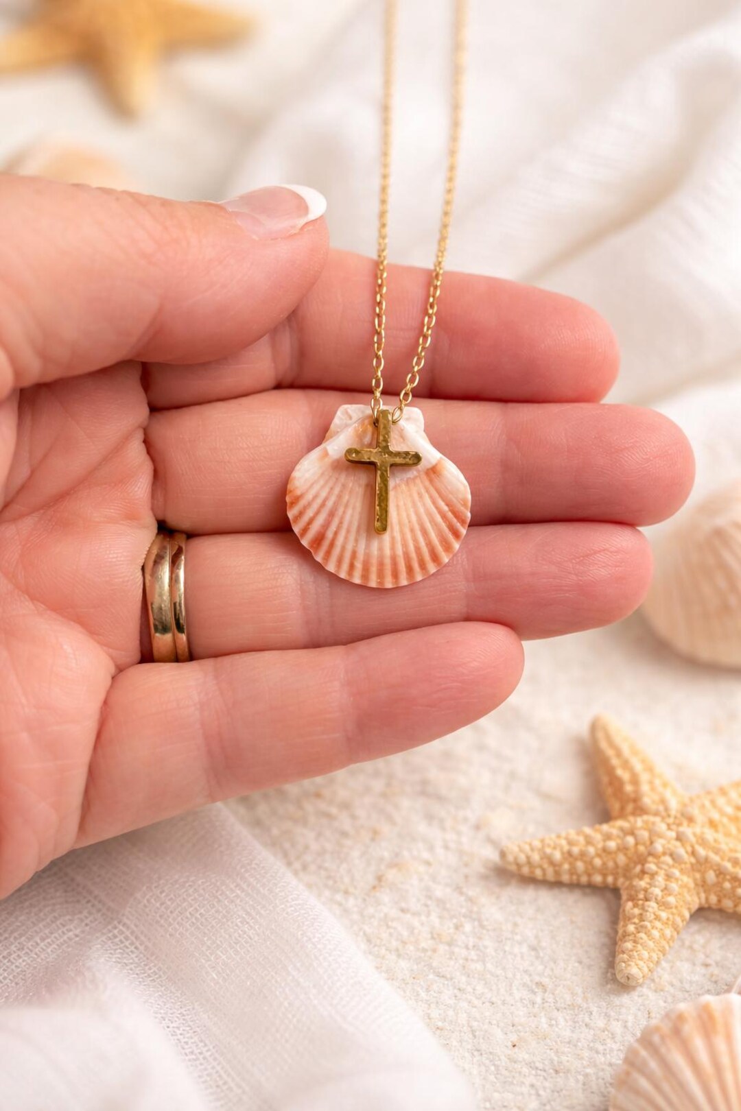 Seashell Cross Necklace: Beach Jewelry. Christian Necklace Petite ...