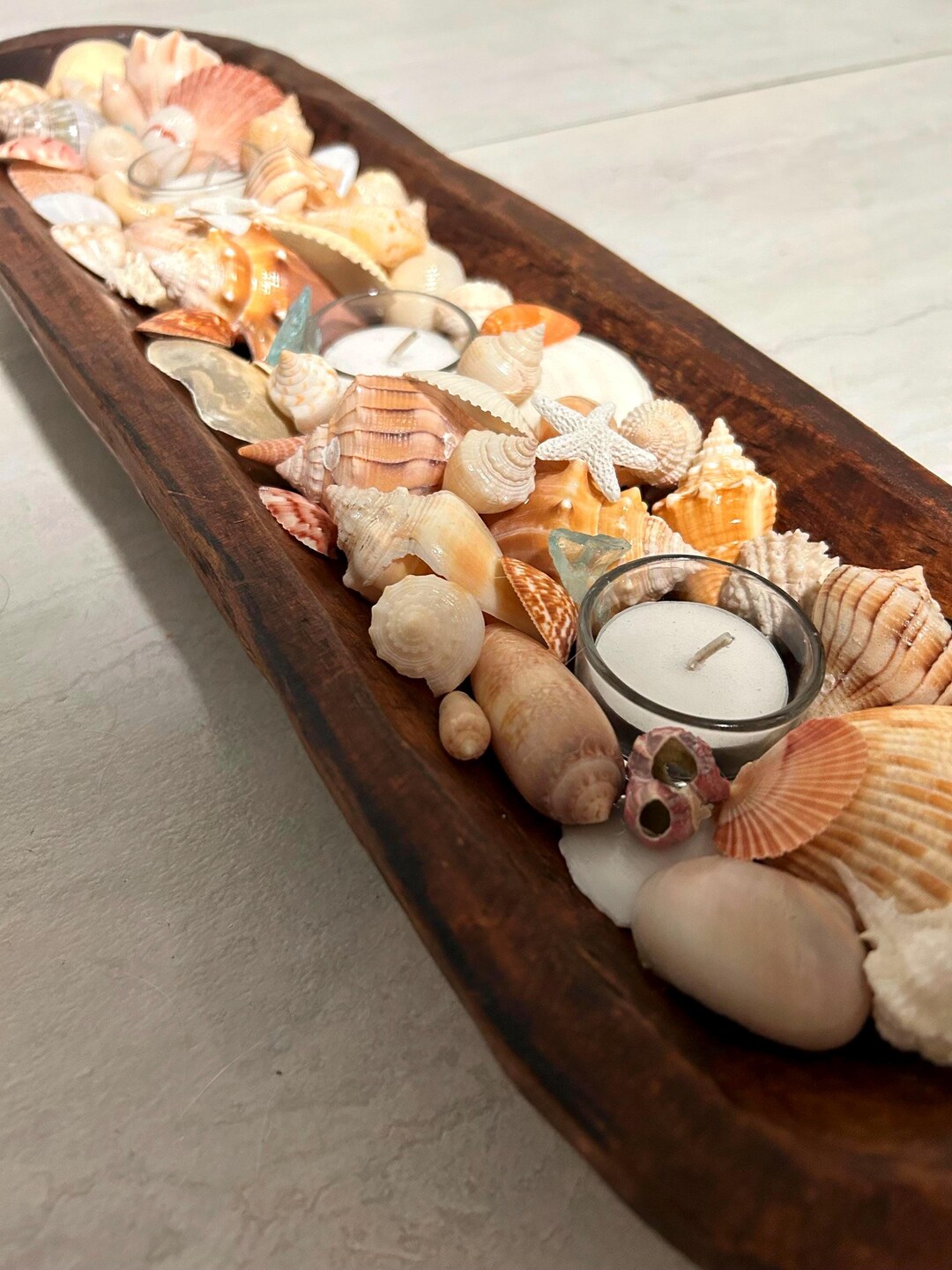 Seashell Centerpiece | Rustic Wood Dough Bowl Coastal Candle Holder for ...