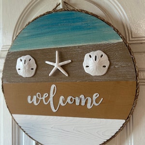 Front Door Decor, Beach Door Hanger, Round Wood Door Sign, Year Round ...