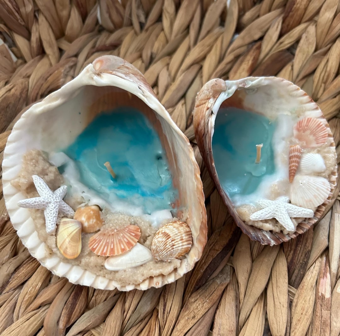 Seashell Candle With Real Seashells, Beach Scene Light Scented Ocean ...