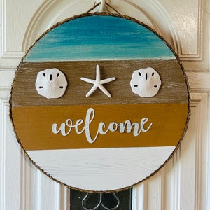 Front Door Decor, Beach Door Hanger, Round Wood Door Sign, Year Round ...