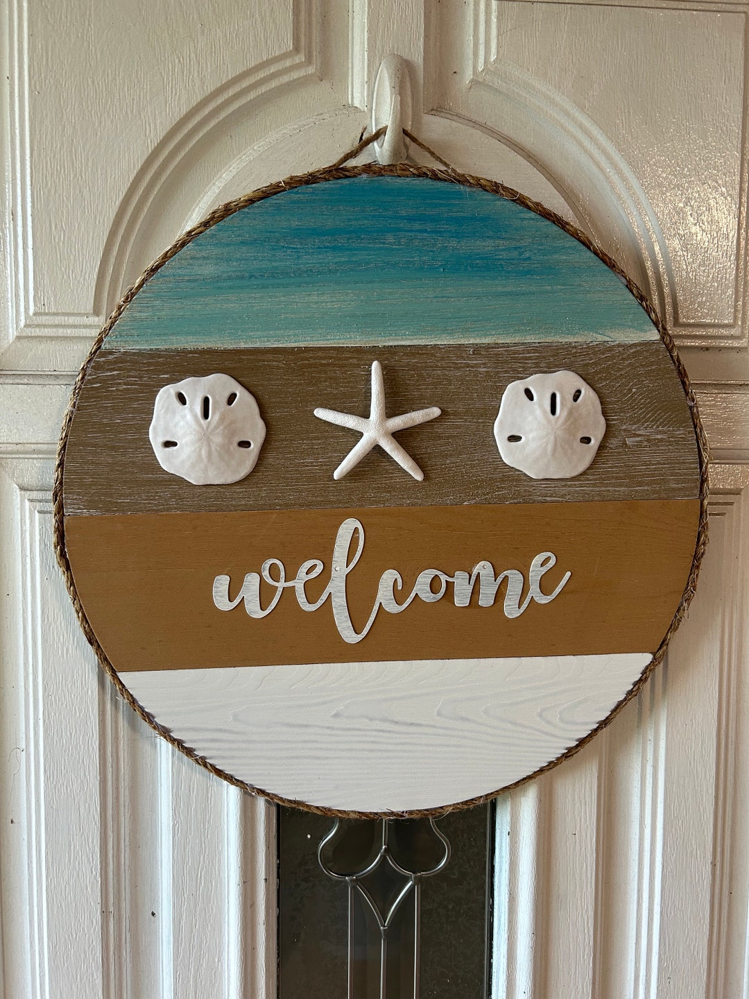 Front Door Decor, Beach Door Hanger, Round Wood Door Sign, Year Round ...