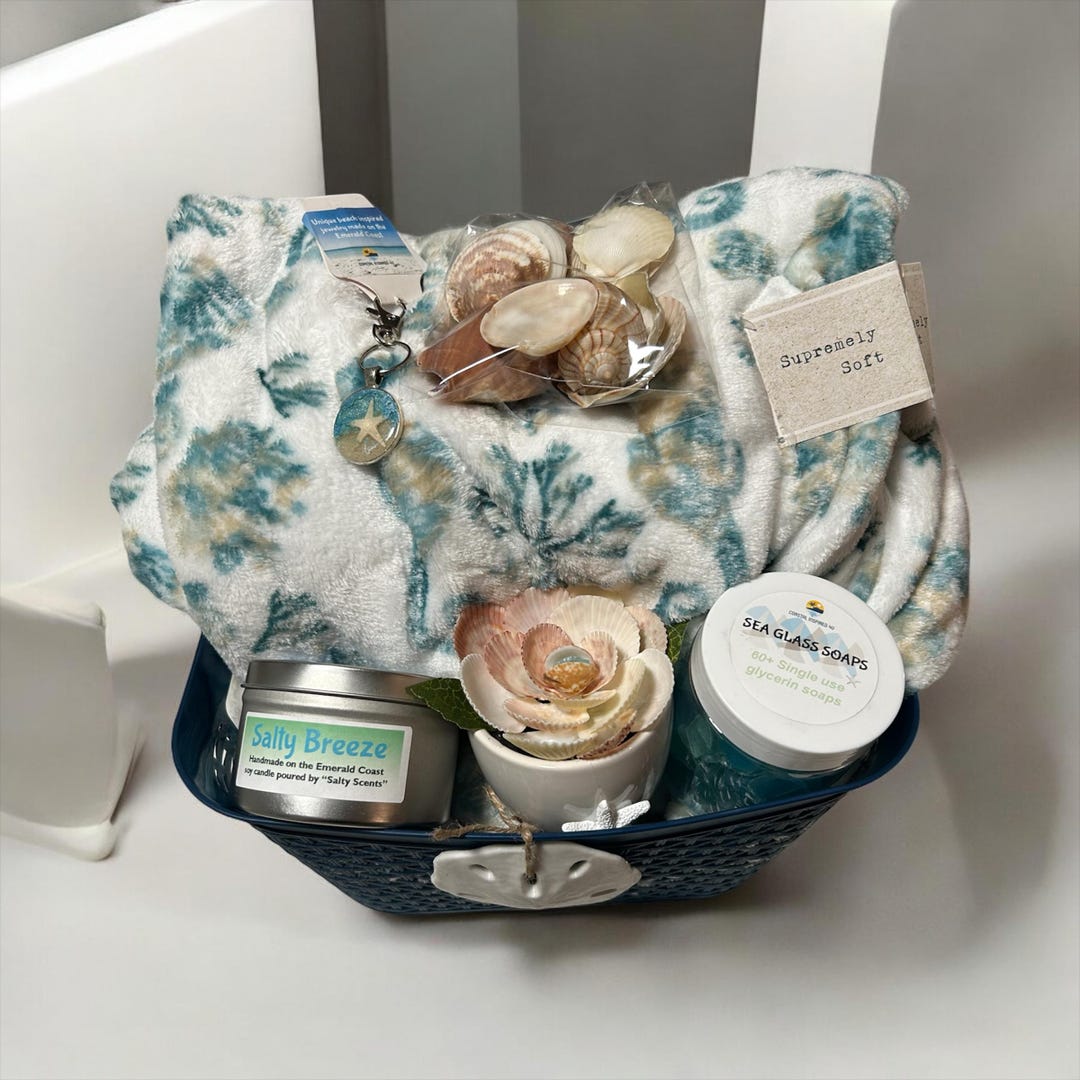 Beach Lover Gift Basket Plush Seashell Blanket, Beach Gift Basket ...