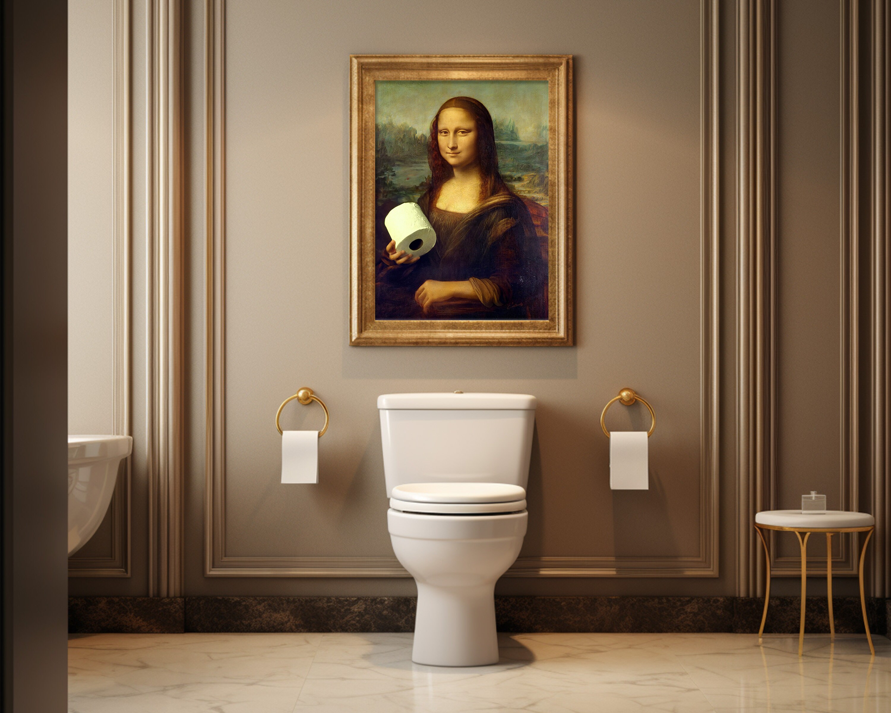 Bathroom Mona, Toilet Wall Art, Holding Toilet Paper, Eclectic, Vintage ...