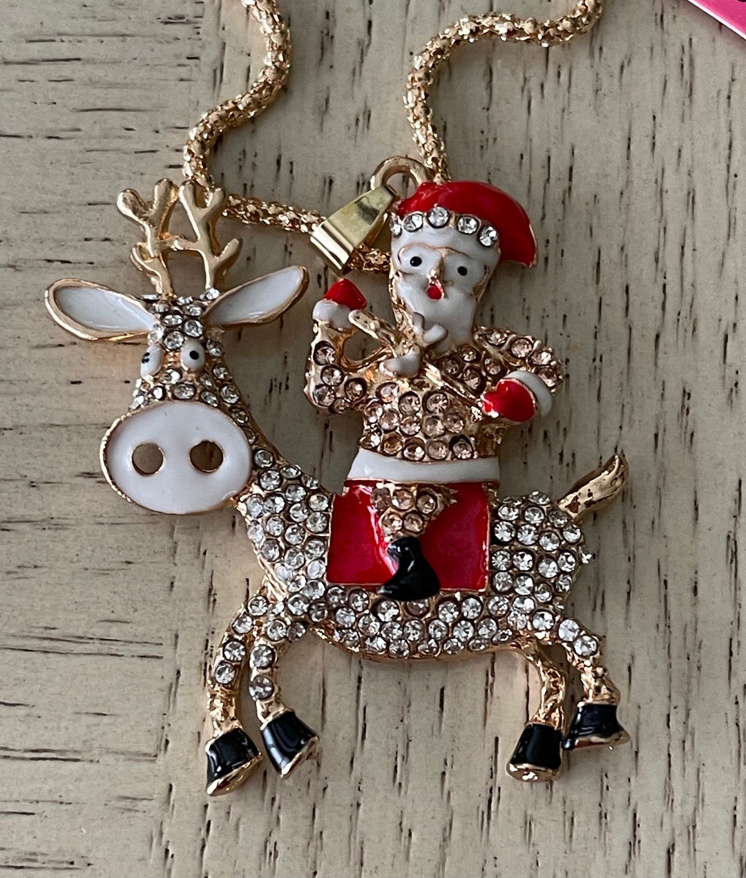 Rhinestone Santa and Reindeer Pendant Necklace by Betsey Johnson - Etsy