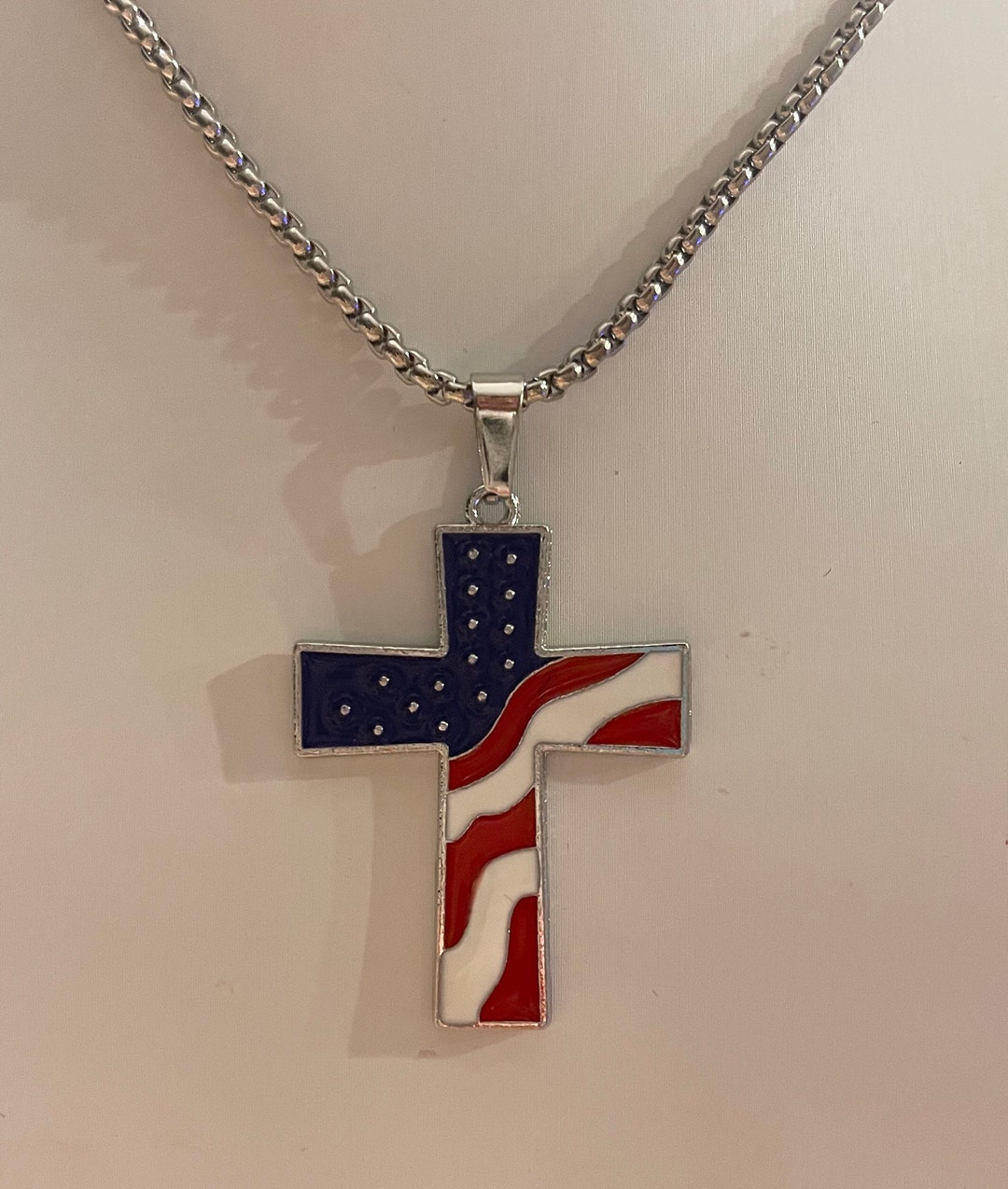 American Flag Patriotic Cross Pendant Necklace - Etsy