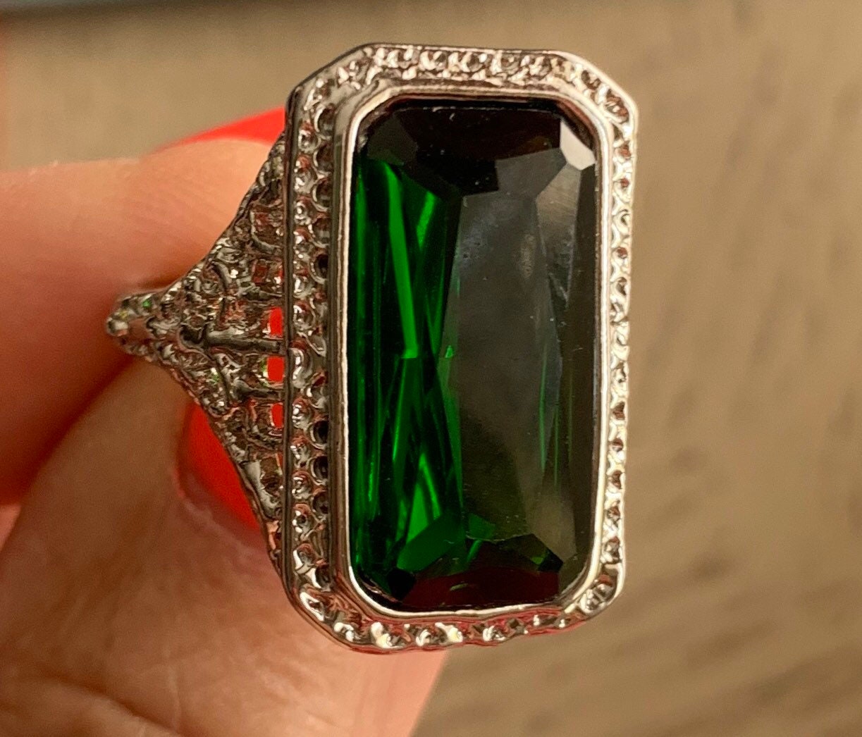 Emerald Silver 925 Large Fashion Ring Size 7.5 | Etsy