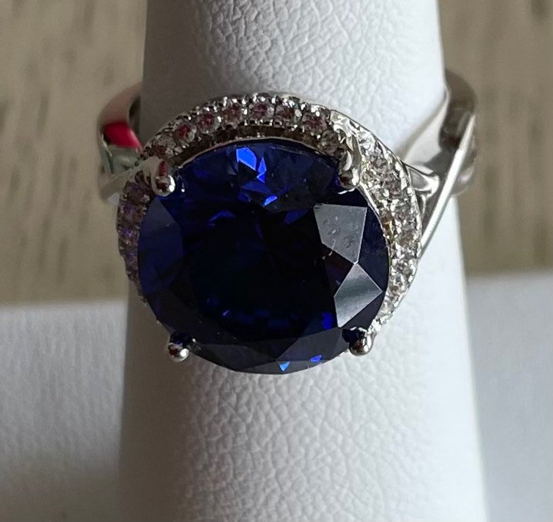 Beautiful Large Round Lab Created Tanzanite and White Diamond Sterling ...