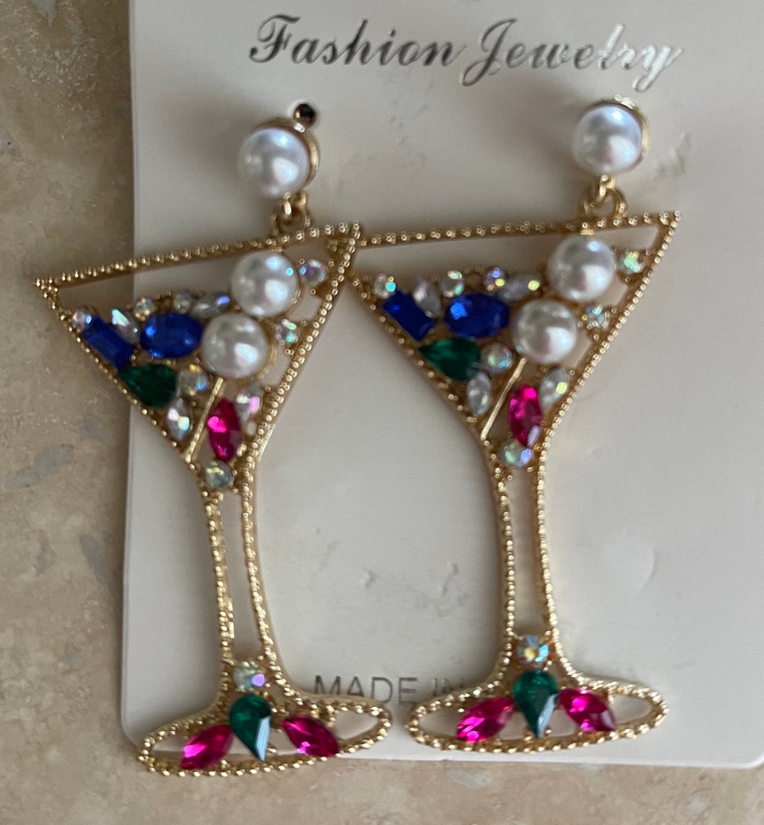 Bling Rhinestones and Pearls Martini Earrings - Etsy