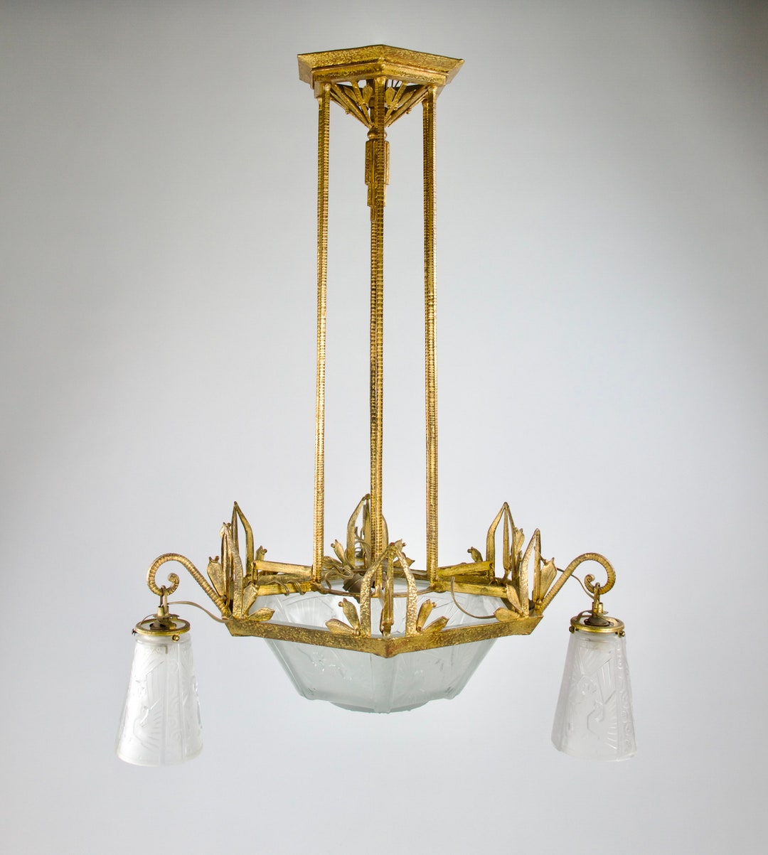 Muller Frères Chandelier, Gilt Frame and Peacock Motifs, French Art ...