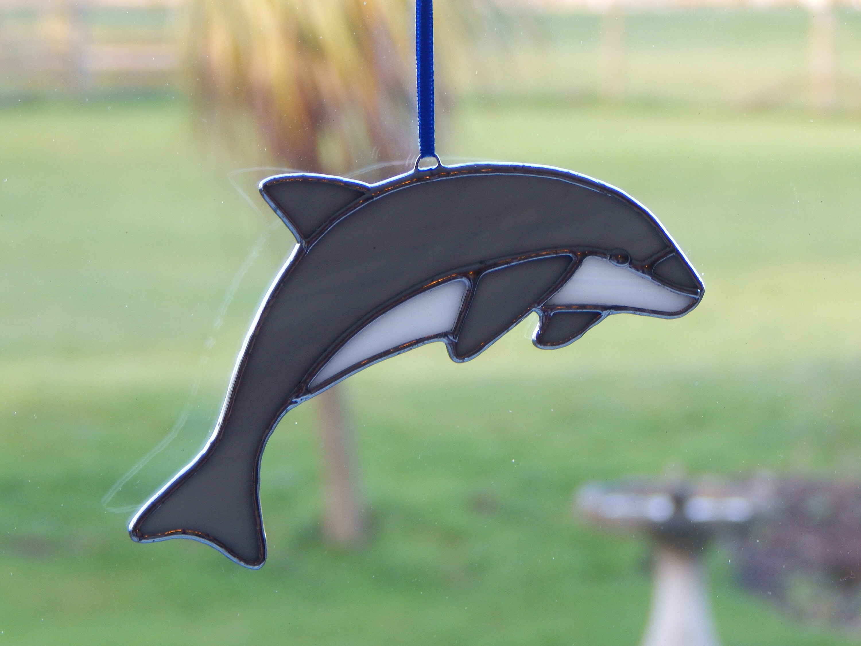 Stained Glass Suncatcher/window Hanger Grey/blue/white Dolphin - Etsy