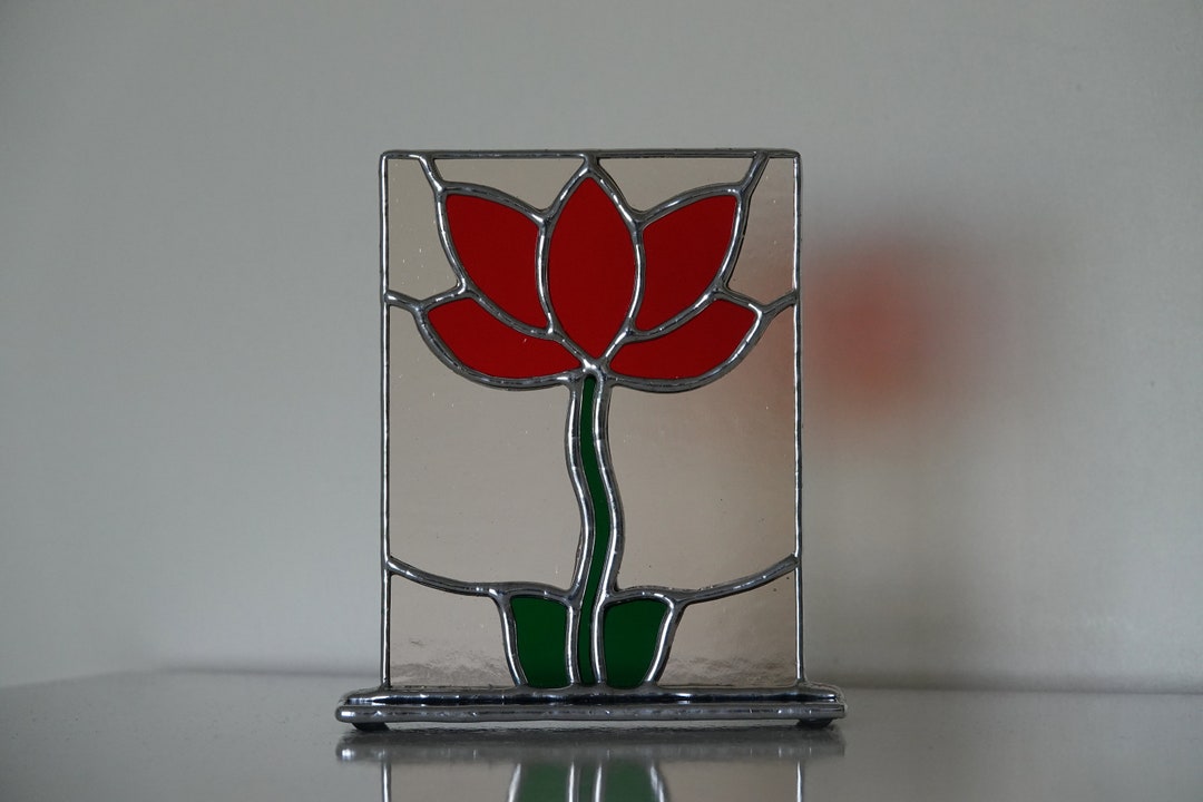 Freestanding Stained Glass Red Flower Panel Suncatcher Gift/home ...