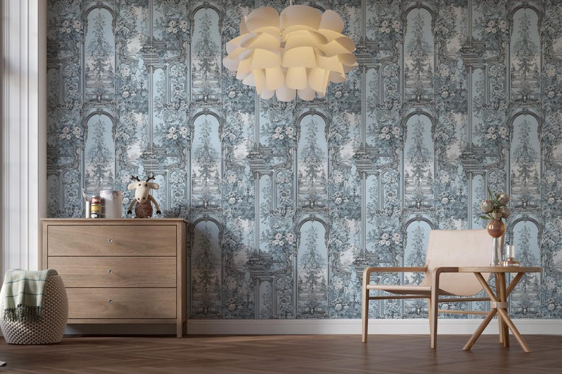 French Blue Rococo Wallpaper: Vintage Baroque Floral Arch Pattern - Etsy