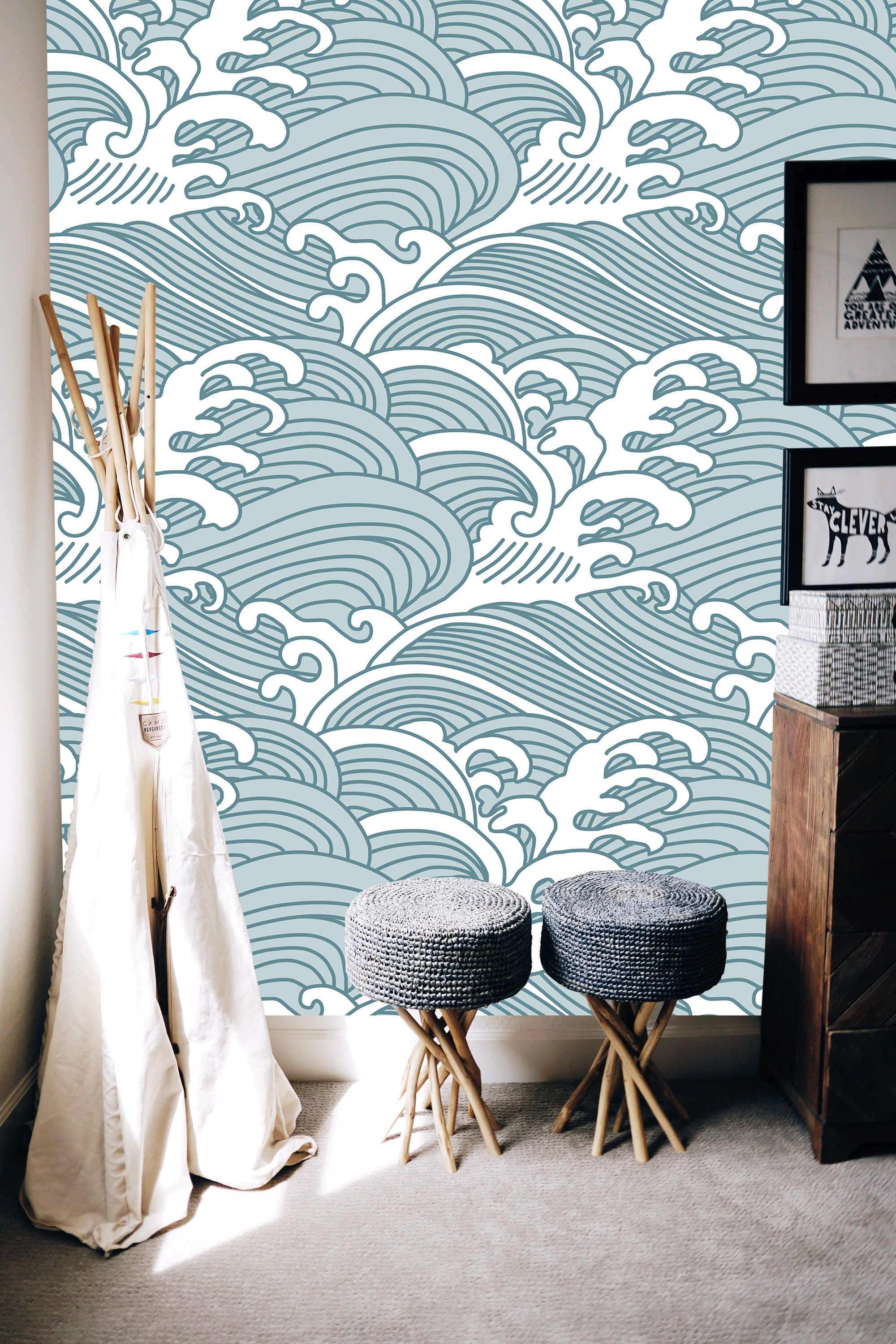 Traditional Chinese Wave Wall Mural , Removable Wallpaper, Self ...