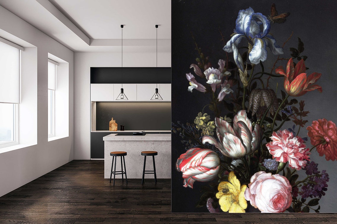 Dutch Dark Vintage Floral Removable Wallpaper Peel And Stick Etsy