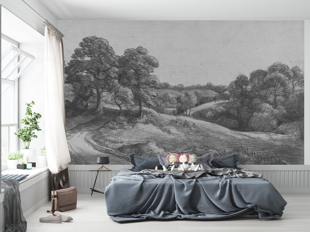 Countryside Wall Mural, Removable Wallpaper, Drawing Wallpaper, Vintage ...