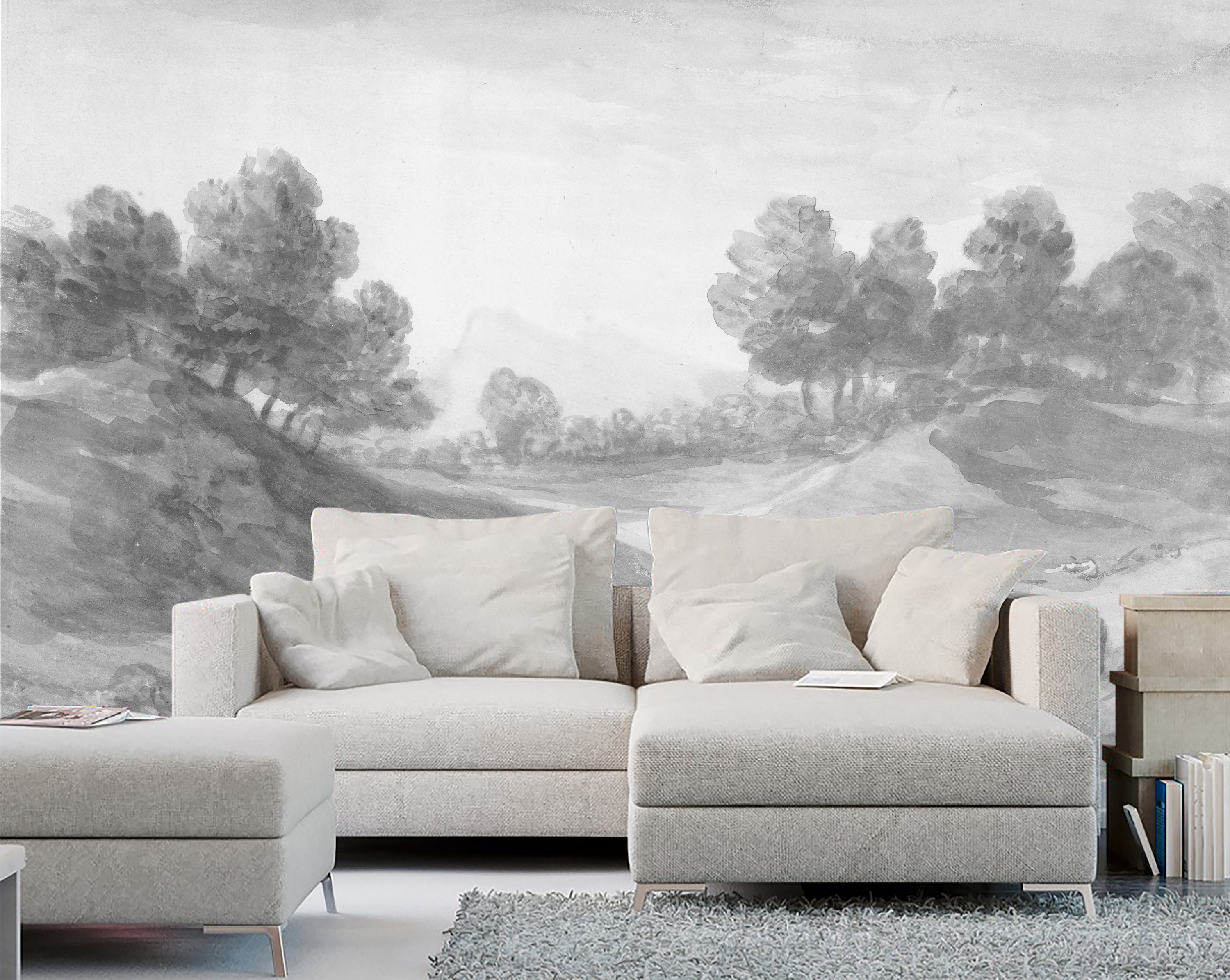 Vintage Countryside Painting Wall Mural, Reusable Wallpaper, Monochrome ...