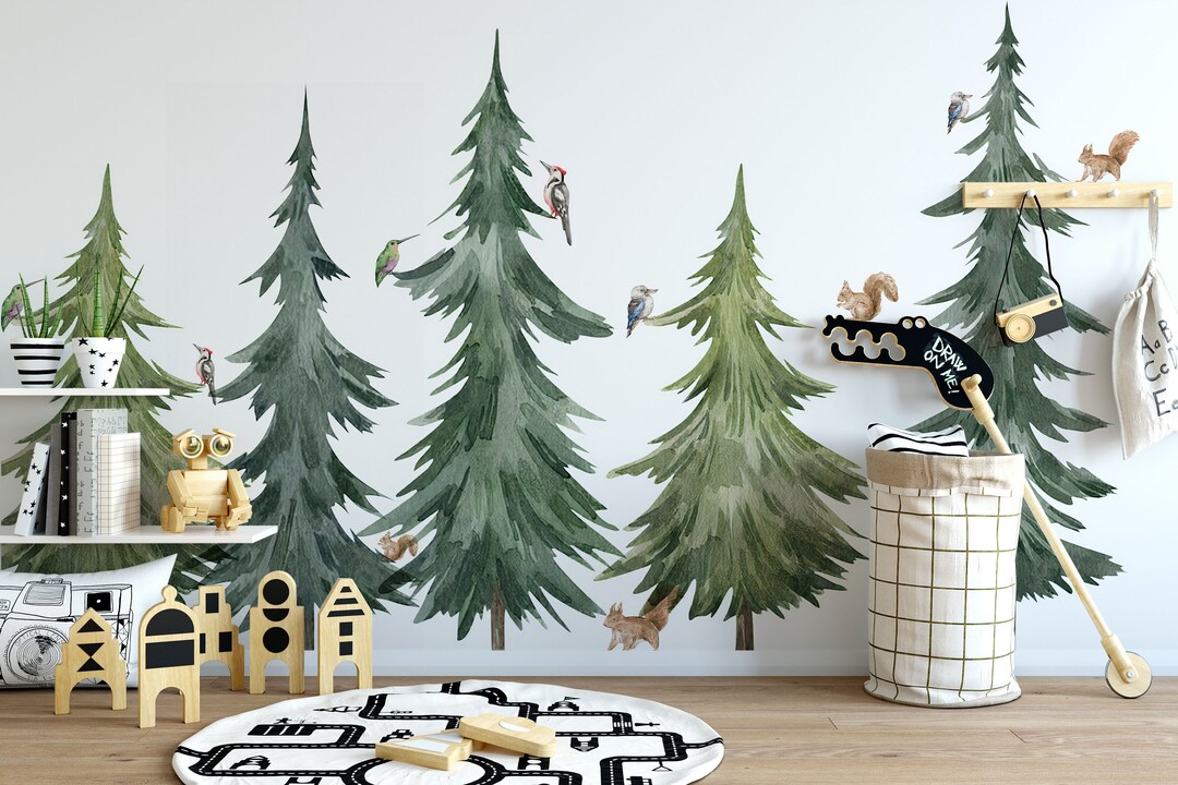 Forest Tree Wall Decal, Watercolor Wall Sticker, Nursery Mural, Forest ...