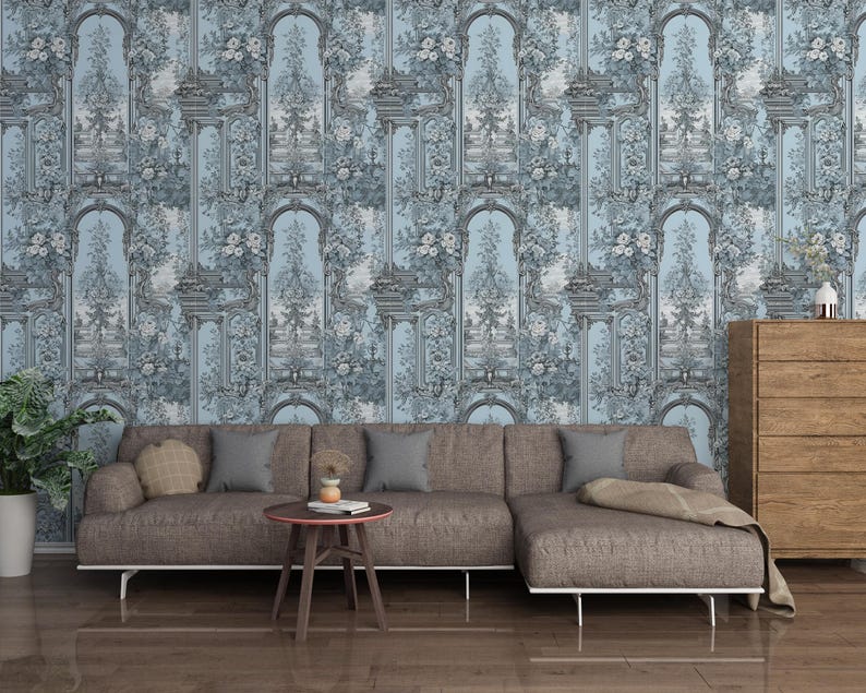 French Blue Rococo Wallpaper, Vintage Baroque Architectural Pattern ...
