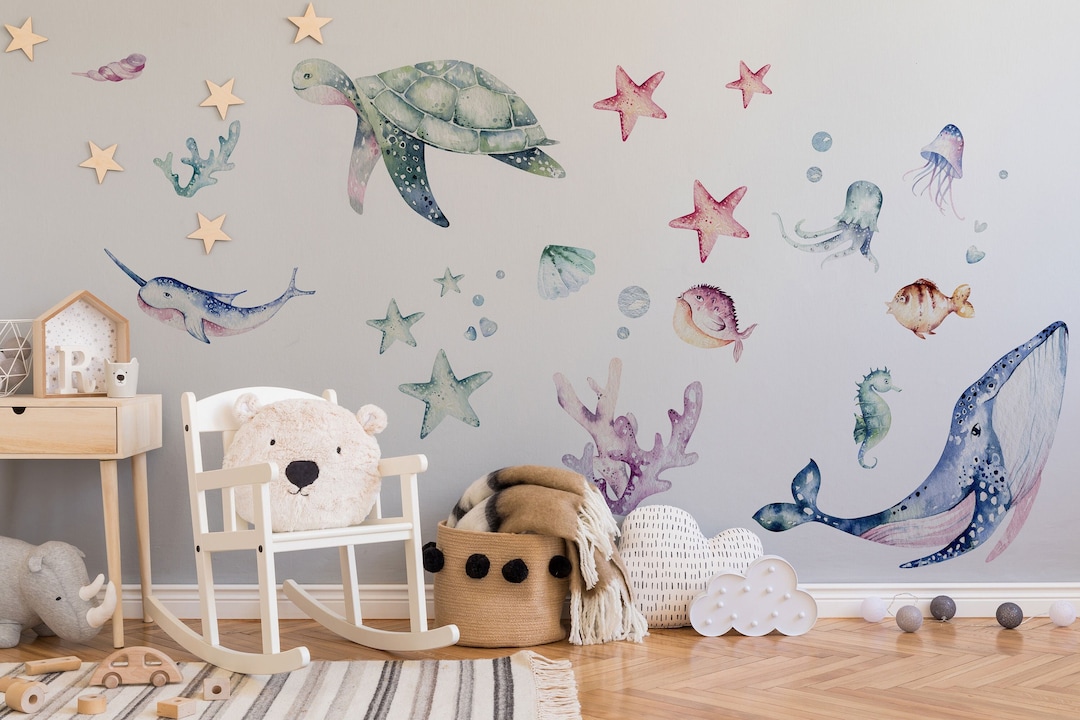 Watercolor Sea Creature Wall Decals - Peel and Stick Nursery Art - Etsy