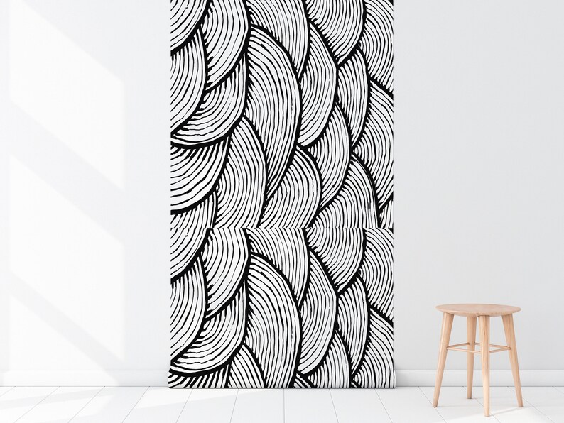 Peel and Stick Wallpaper, Black and White Scallops (removable Mural) - Etsy