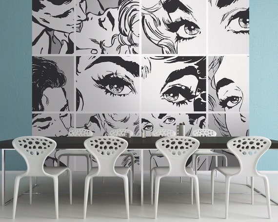 Black White Pop Art Wall Mural Removable Peel and Stick Wallpaper Temporary Wall Art Decor