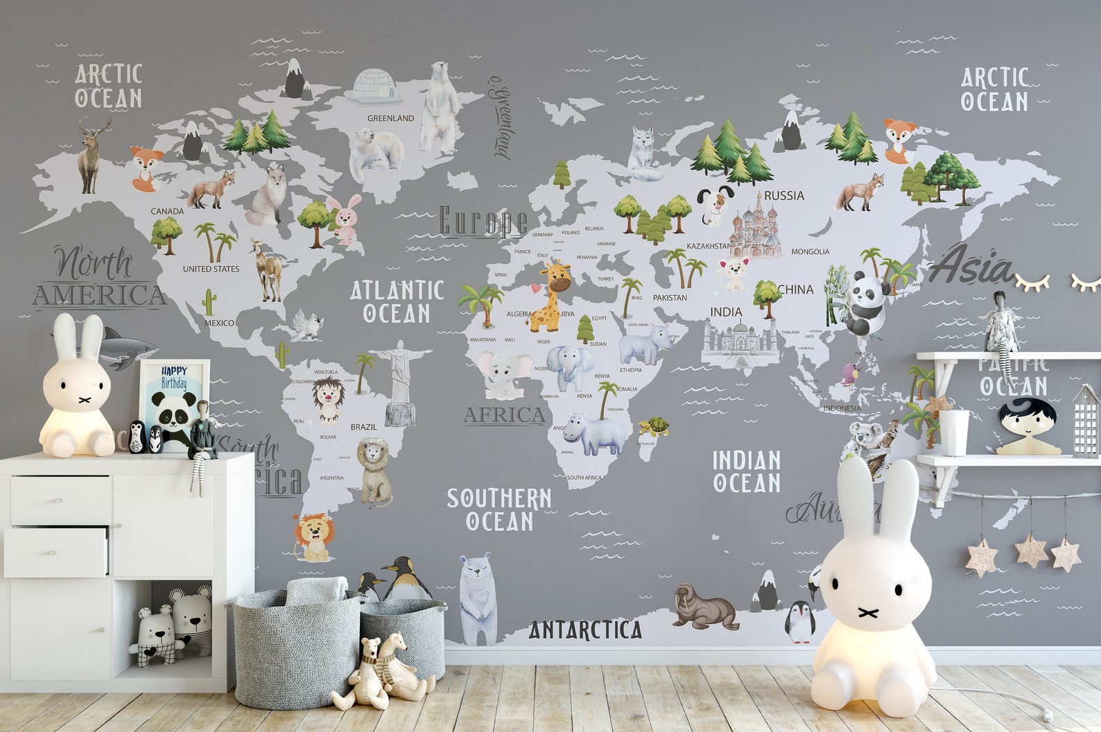 Gray World Map Wallpaper Kids Room Wall Cover Design - Etsy