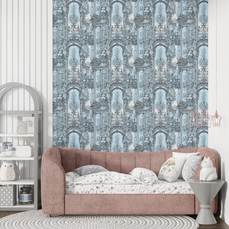 French Blue Rococo Wallpaper, Vintage Baroque Architectural Pattern ...