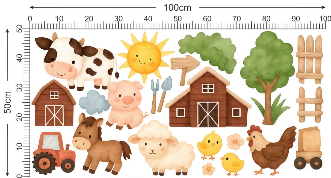 Farm Animals Wall Decals 100x50 Cm Nursery Sticker Set – Cute Barnyard ...