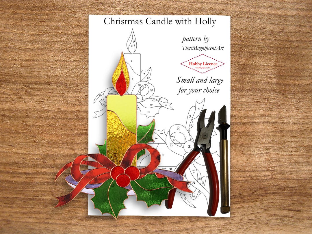 Christmas Stained Glass Pattern Candle With Holly , Digital PDF File ...