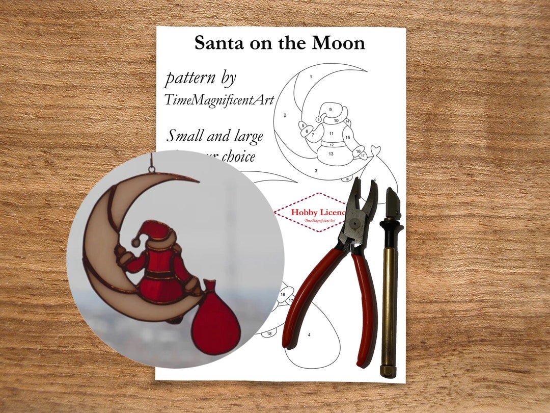 DIY Christmas Stained Glass Pattern - Santa Claus on Moon Template ...