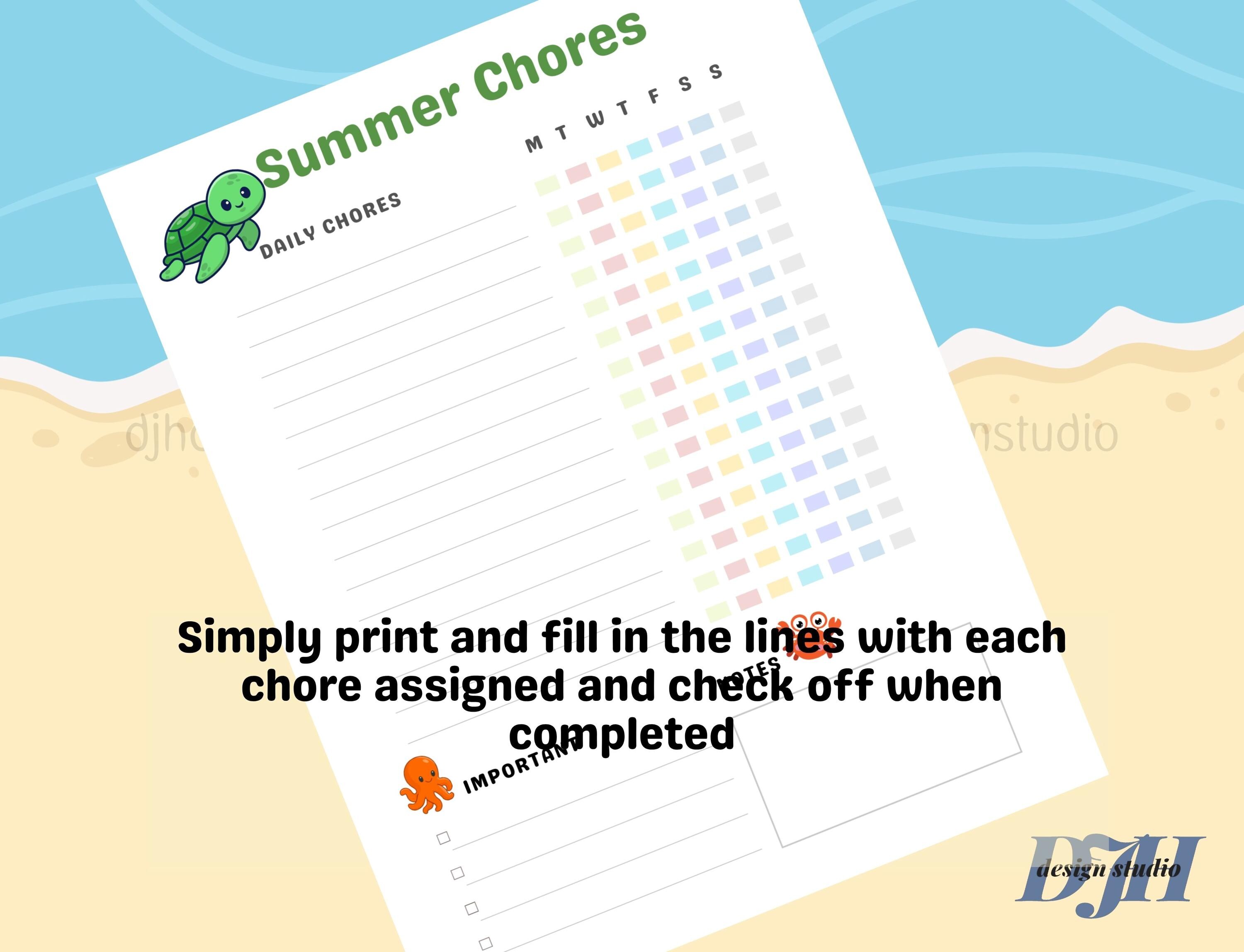 Printable Summer Chore Chart for Kids, Animals, Beach Theme (digital ...