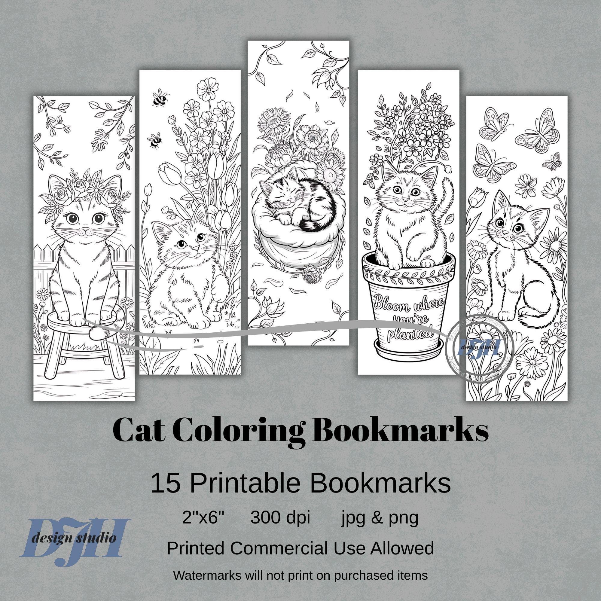 Printable Cat Coloring Bookmarks, Set of 15 PNG and JPG, Sublimation ...