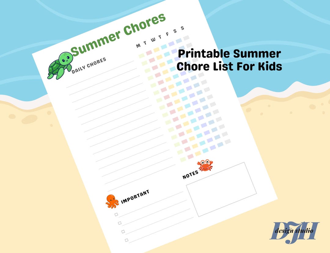 Printable Summer Chore Chart for Kids, Animals, Beach Theme (digital ...