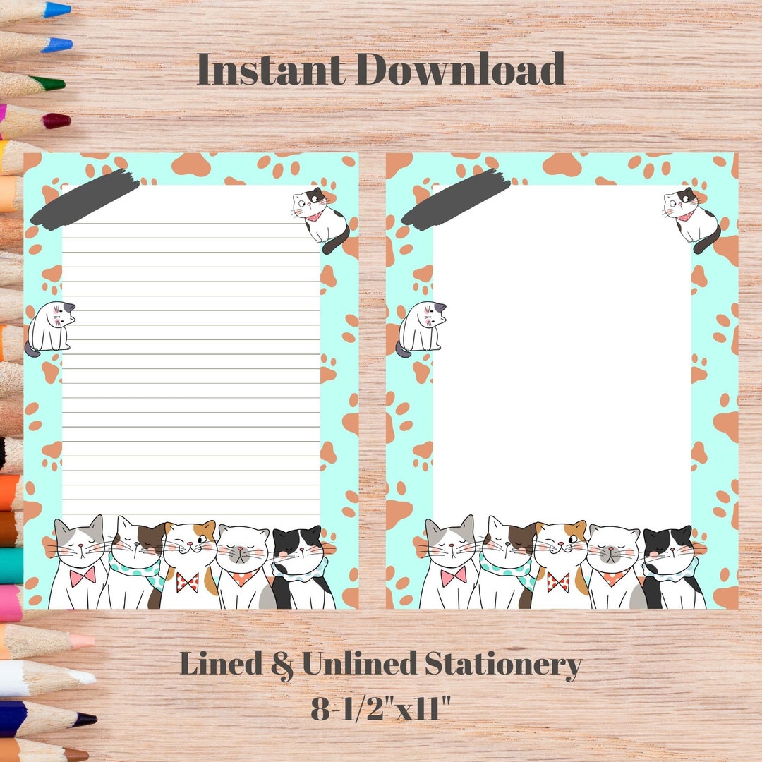 Printable Stationery, Cat Printable Letter Paper, Animal Paper, Floral ...
