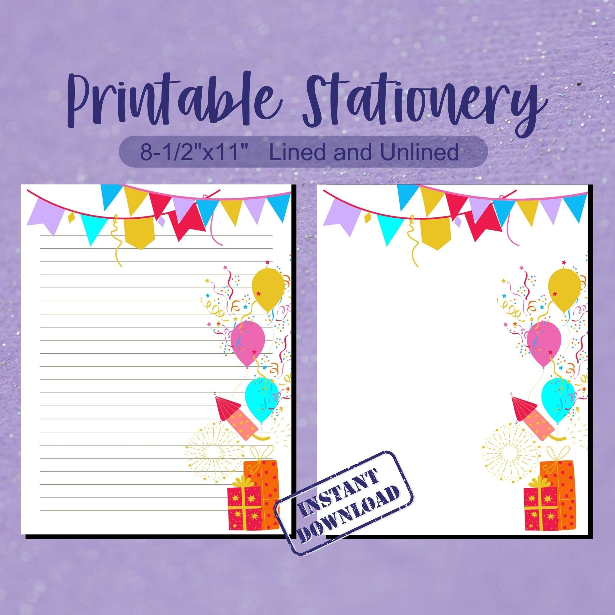 Printable Birthday Stationery, Balloons and Confetti, Lined & Blank ...