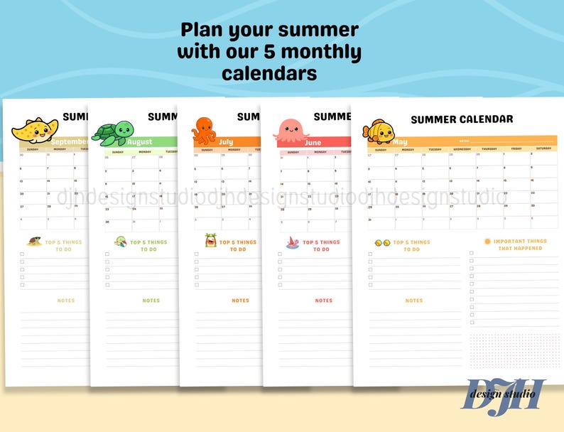 Printable Summer Calendars for Kids, Animals, Beach Theme (digital ...