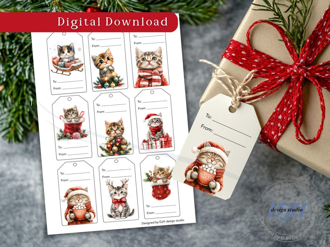 Christmas Cat Gift Tags, Printable Xmas Kitty Design (digital Download ...