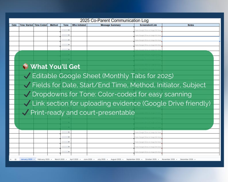 2026 Co-parent Communication Tracker: Custody Log (google Sheets) - Etsy