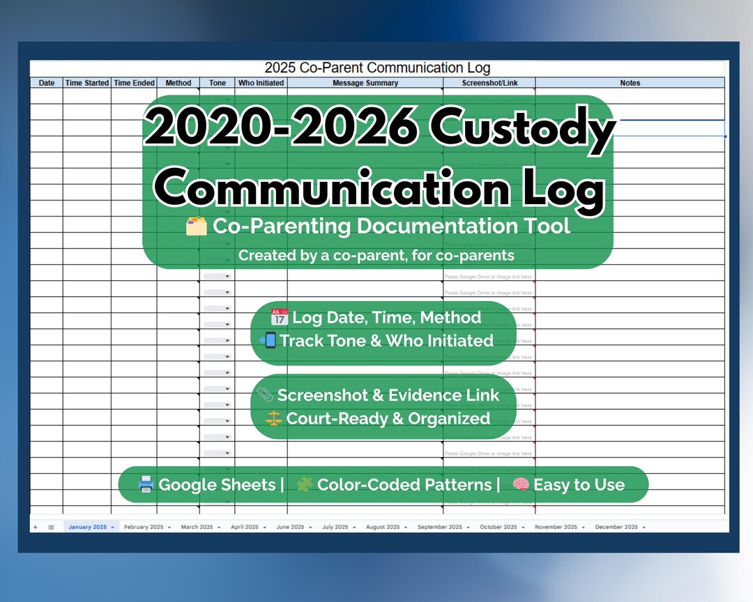 Co-parent Communication Tracker 2020-2026: Editable Custody Log (google ...