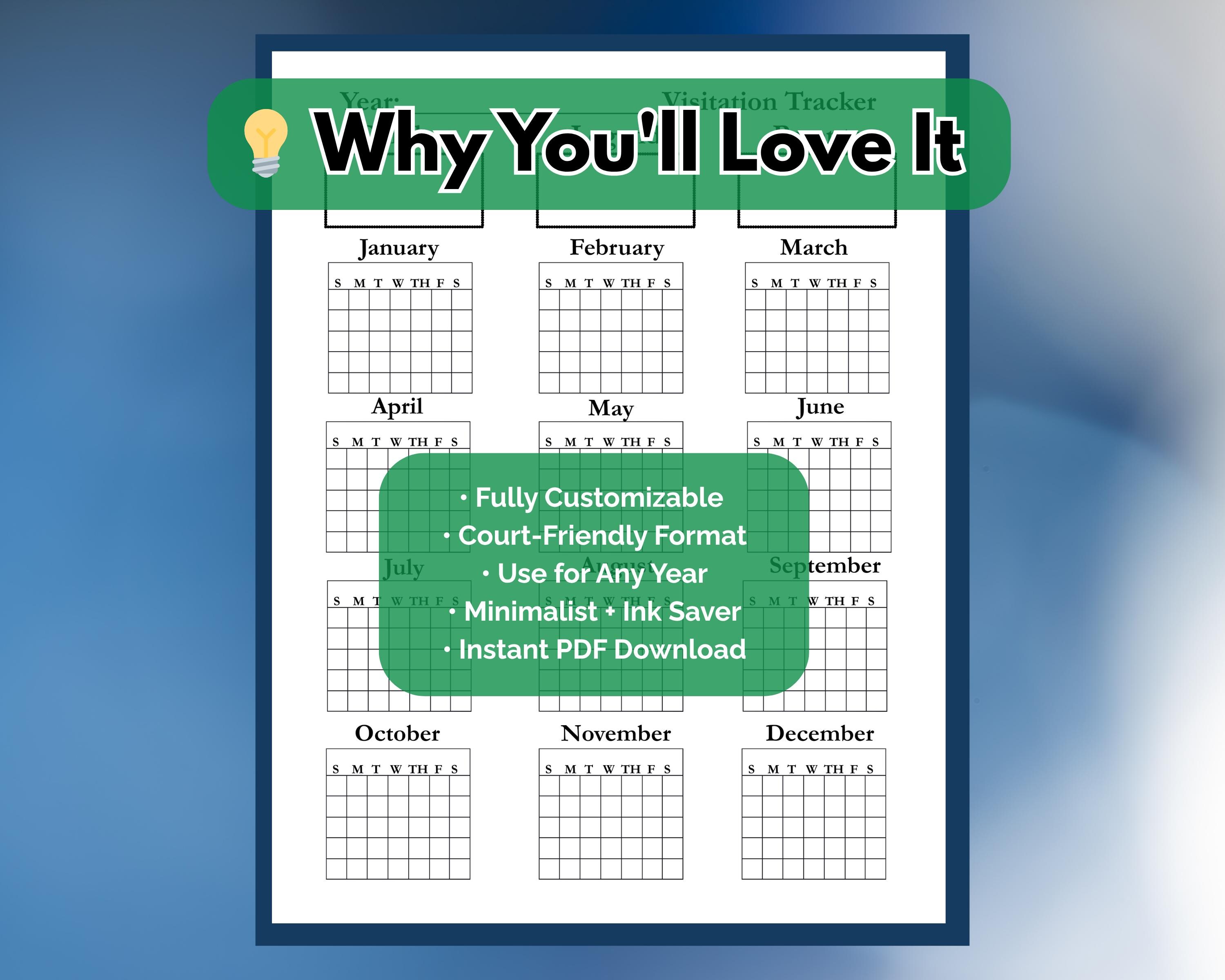 Printable Visitation Tracker Calendar | Custody Schedule Log | Co ...