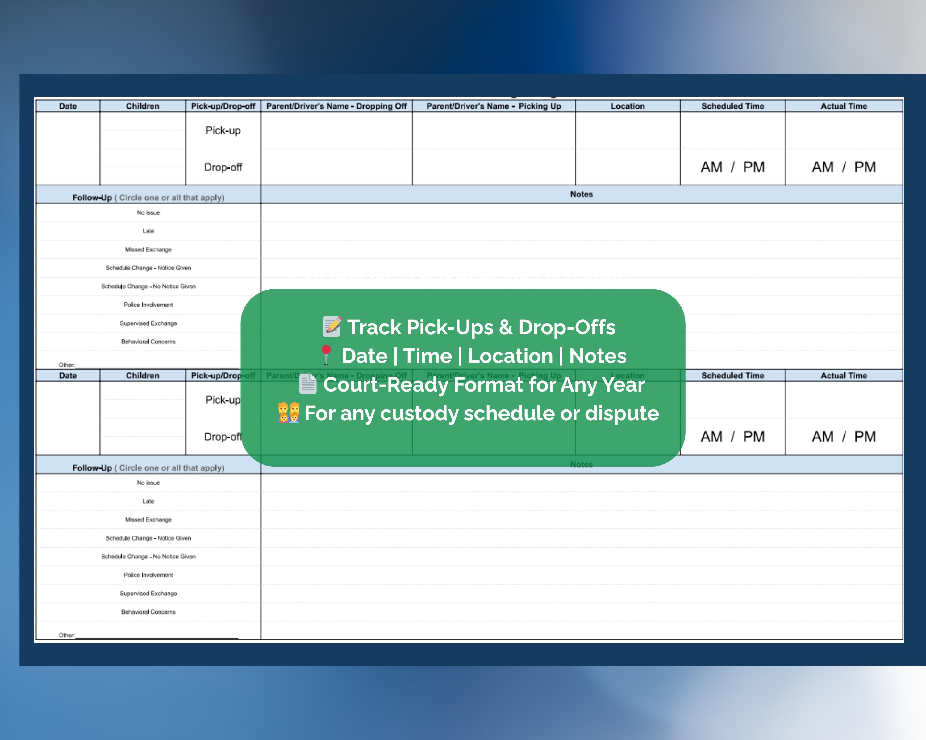 Custody Exchange Log | Printable PDF Only | Co-parenting Pick-up & Drop ...