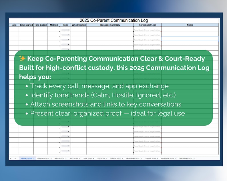 2025 Co-parent Communication Tracker: Custody Log (google Sheets) - Etsy